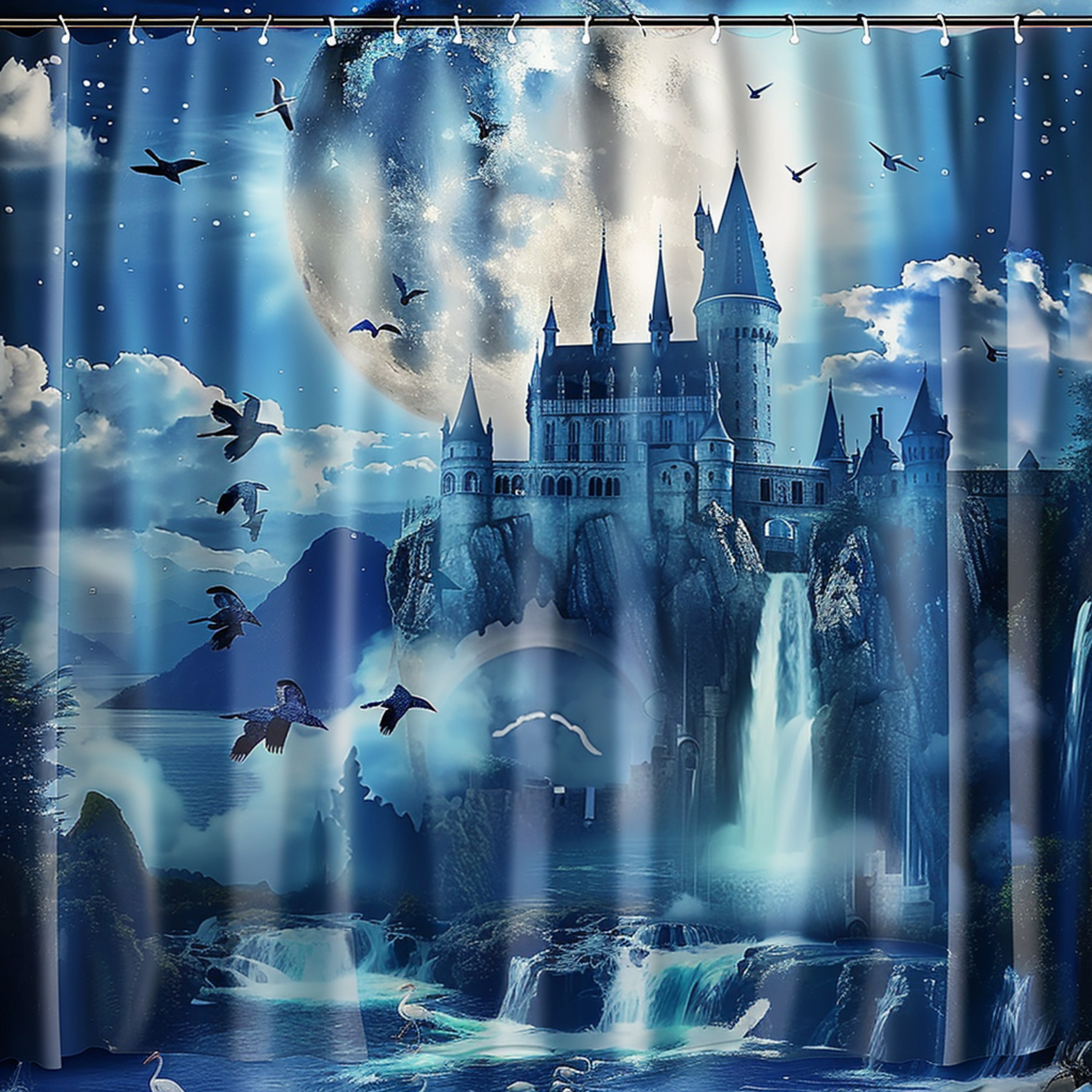 Enchanting Moonlit Castle Shower Curtain Fantasy Waterfall Design Blue ...