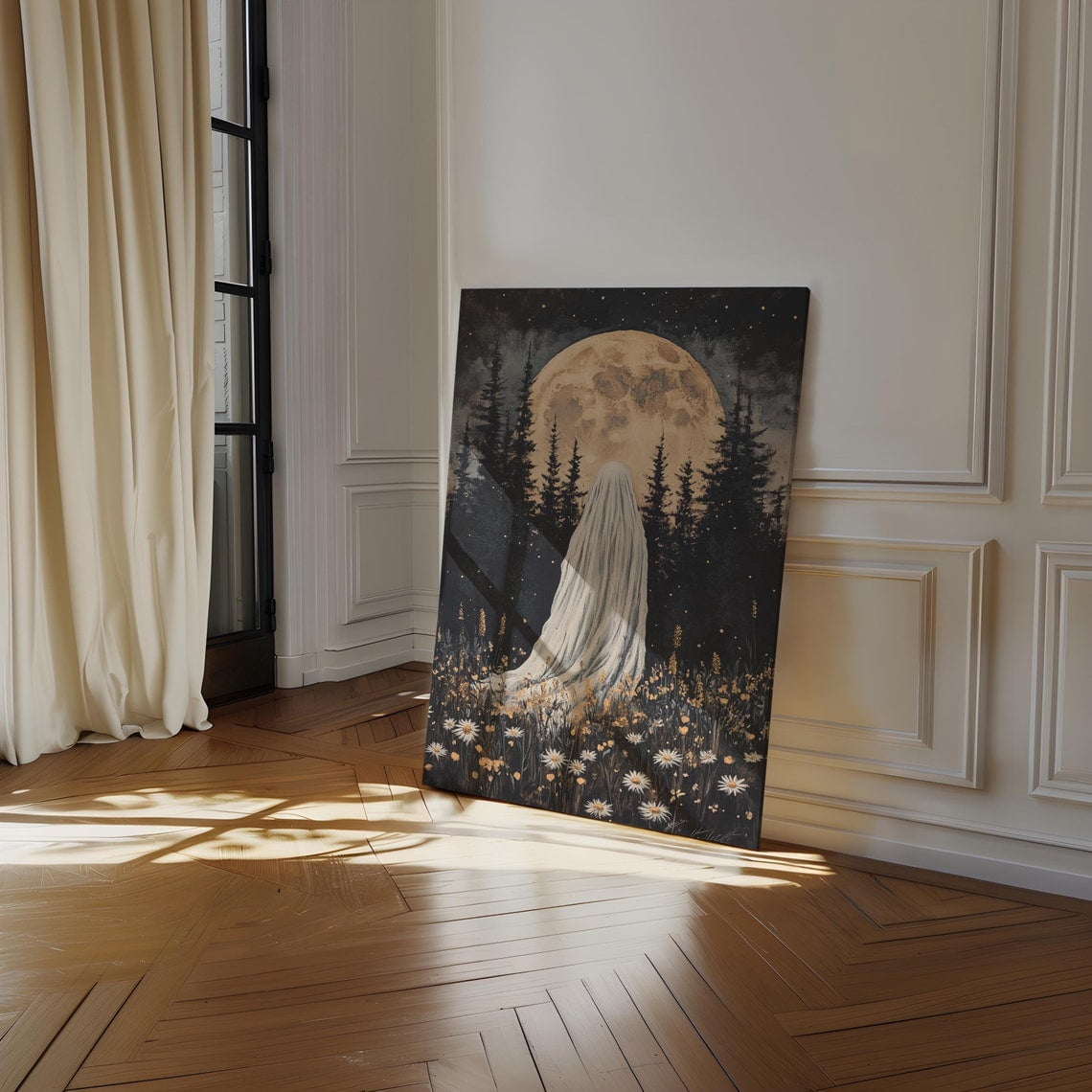 Enchanting Moonlit Wall Art With Ghostly Figure In Daisy Meadow And ...