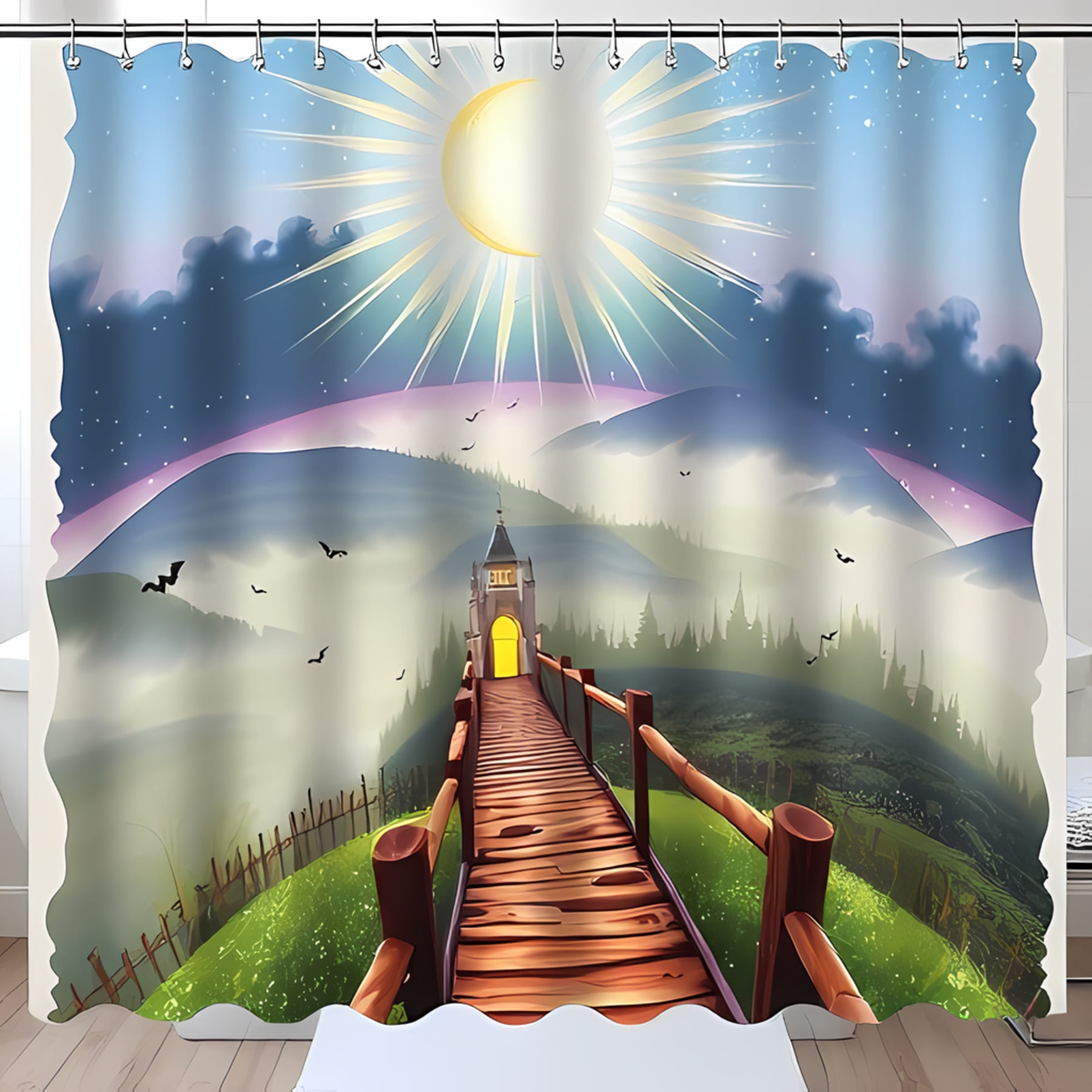 Enchanting Nighttime Castle Shower Curtain - Hills Starry Sky & Design ...