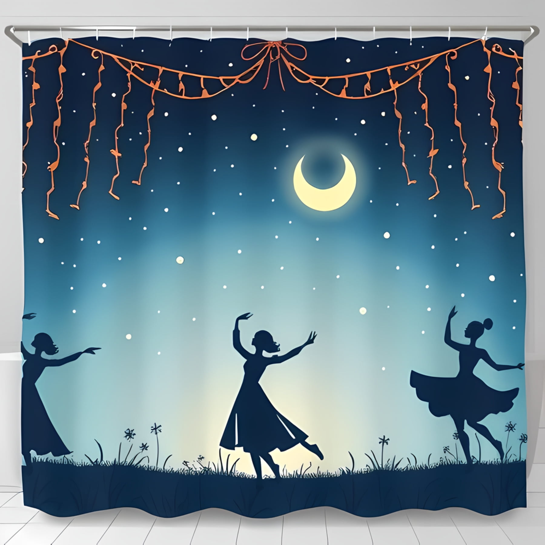 Enchanting Nighttime Shower Curtain with Dancer Silhouettes Starry Sky ...