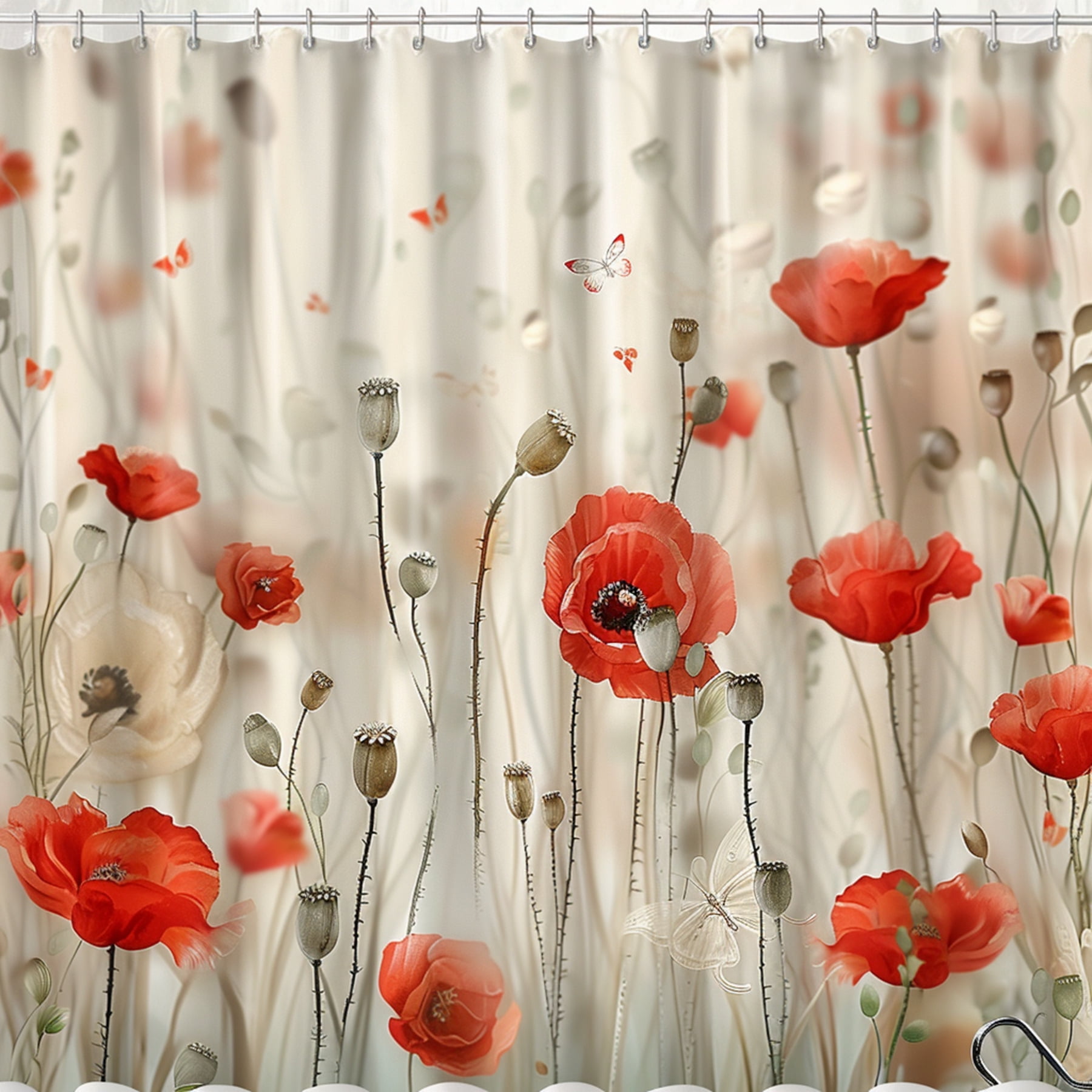 Enchanting Poppy Flower Field Shower Curtain Watercolor Style with Red Flowers White Leaves and ...