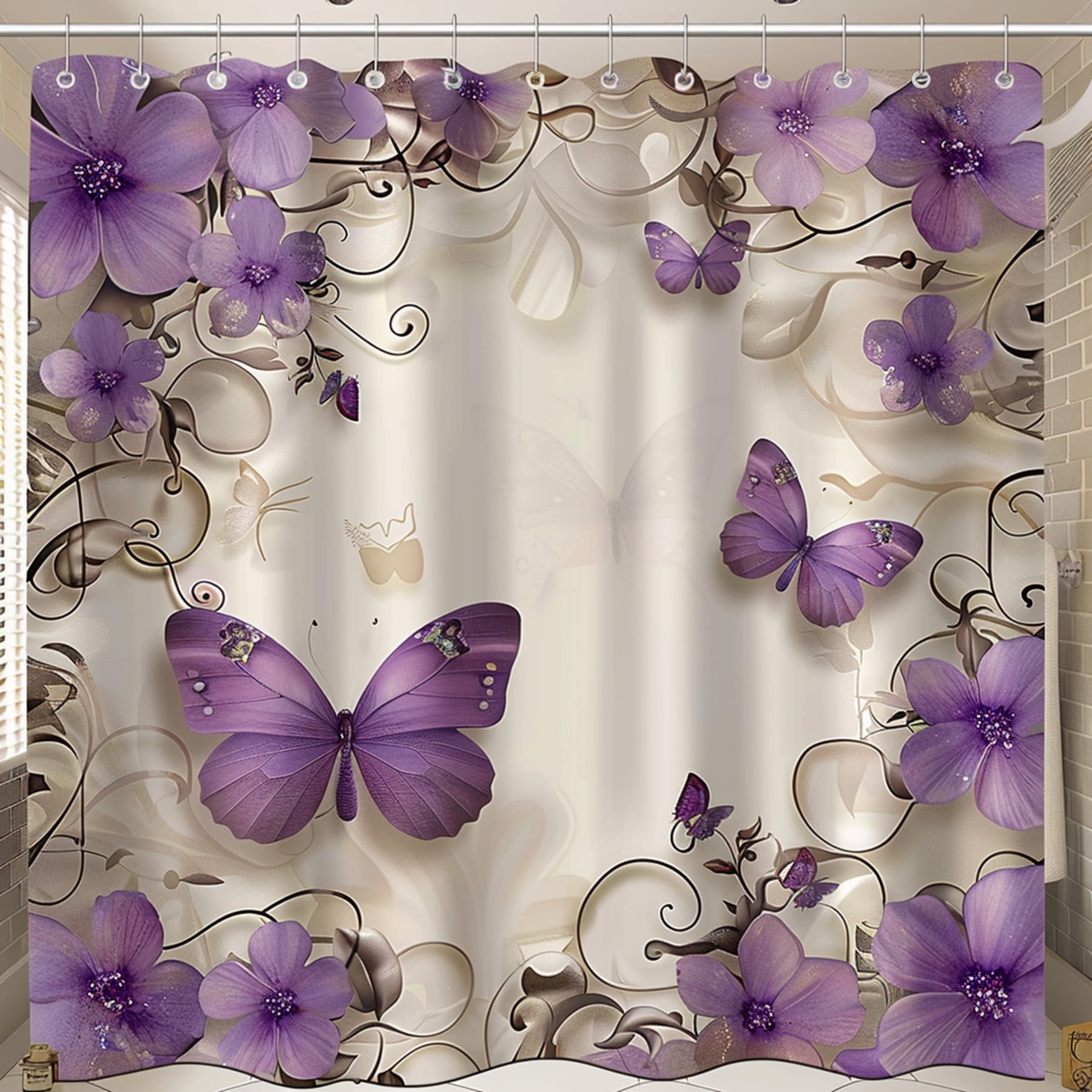 Enchanting Purple Butterflies & Flowers on Beige Background Transform Your Bathroom with this ...