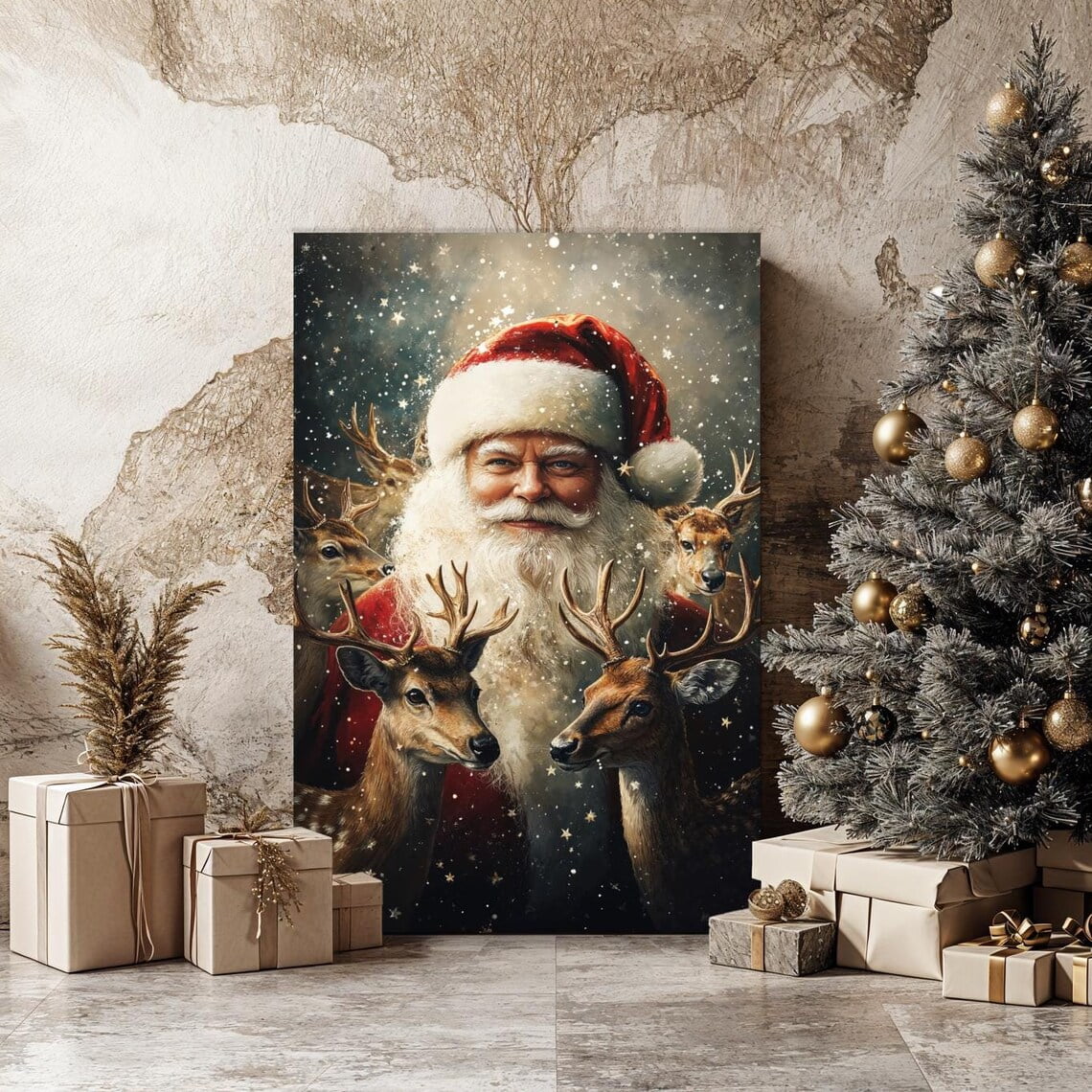Enchanting Santa Claus and Reindeer Wall Art Santa with Deer Print ...