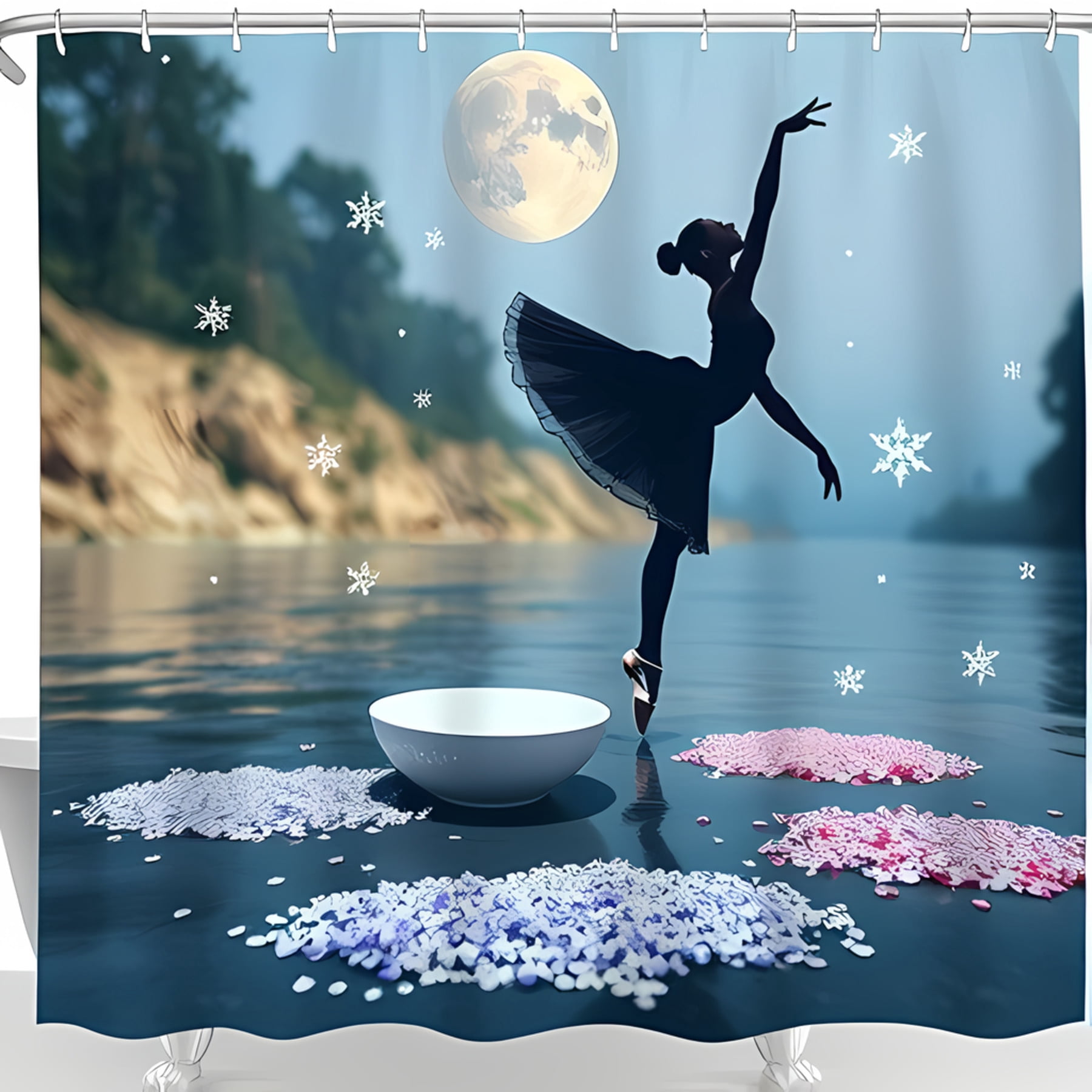 Enchanting Shower Curtain - Dance Scene with Moonlit Lake & Colorful ...