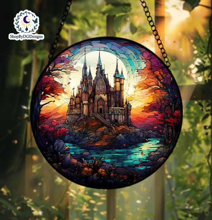 Enchanting Stained Glass Fantasy Castle, Vibrant Sunset Window Art ...