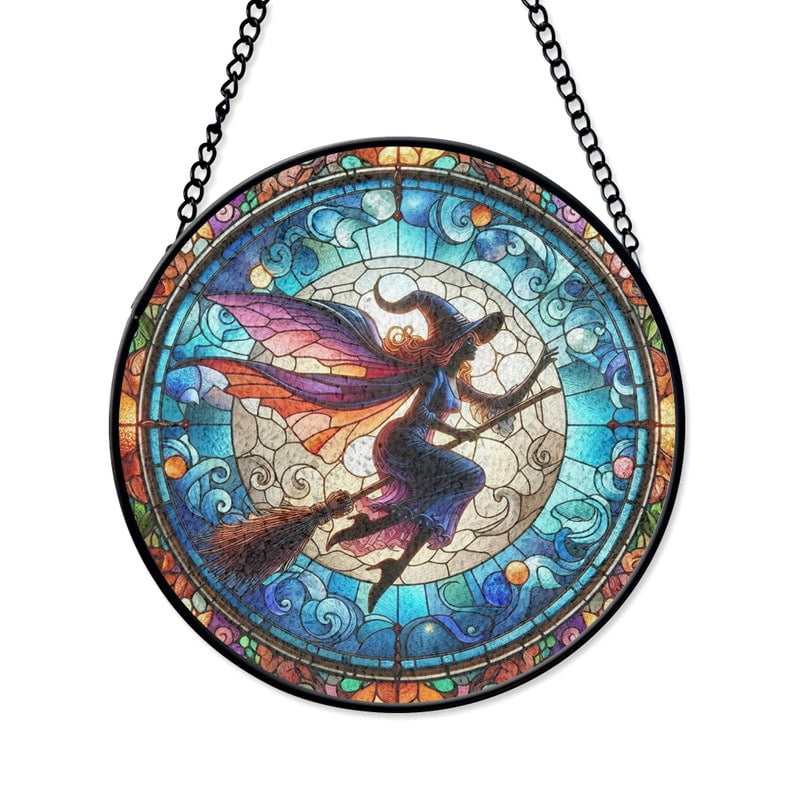 Enchanting Stained Glass Witch Art – Mystical Moonlit Broom Ride Window ...