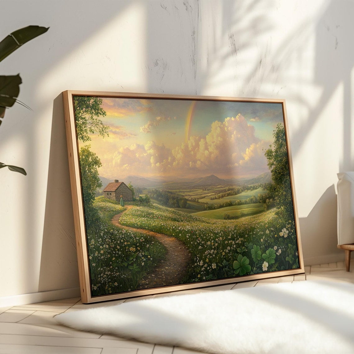 Enchanting Sunset Countryside Wall Art With Rainbow And Cottage ...