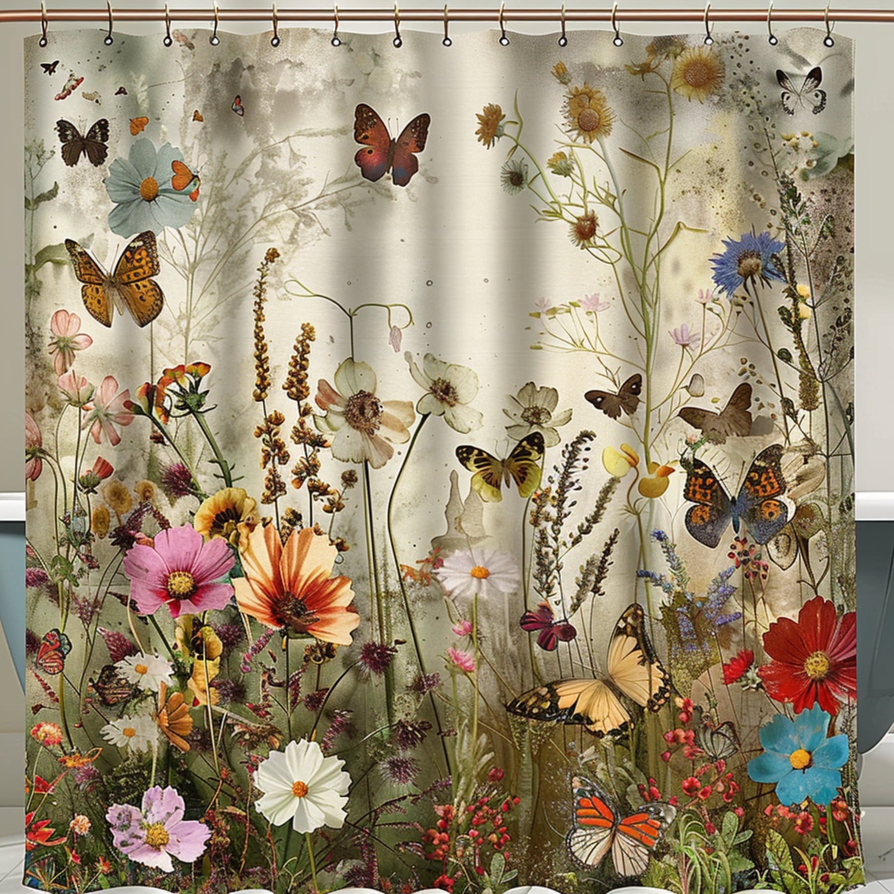 Enchanting Vintage Garden Butterfly Wildflower Shower Curtain Detailed ...