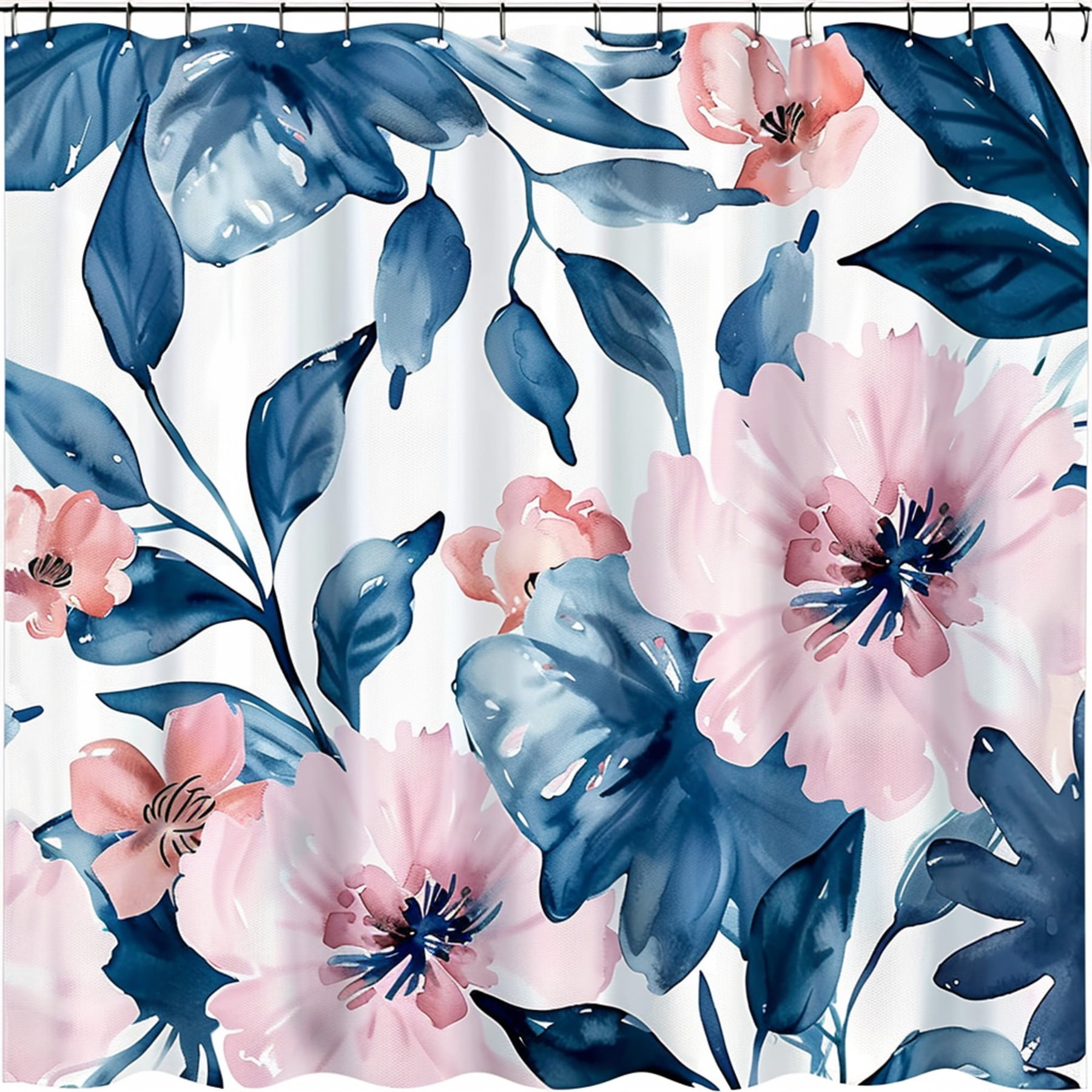 Enchanting Watercolor Floral Boho Shower Curtain Large Pink Flowers & Blue Leaves on White ...