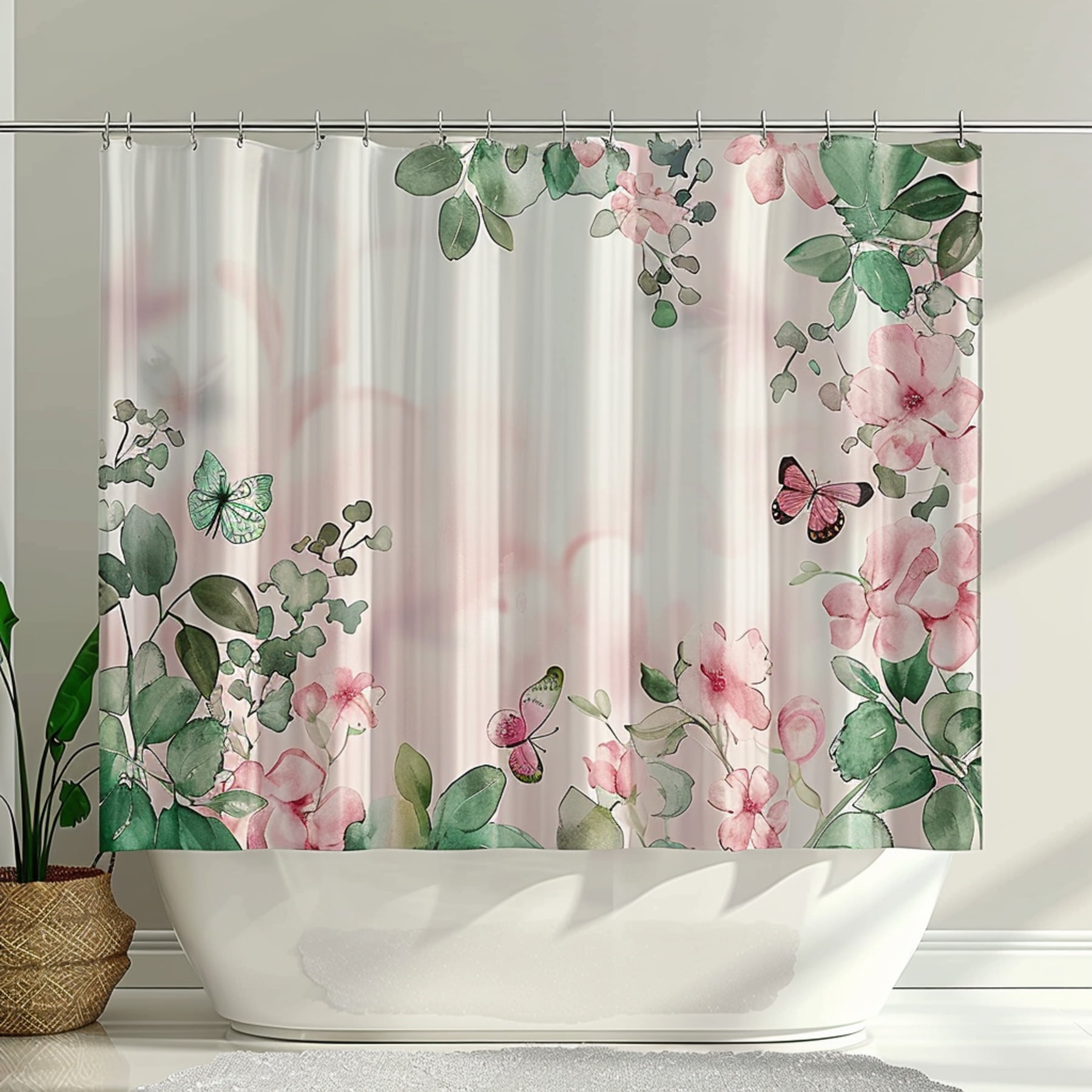 Enchanting Watercolor Floral Shower Curtain Pink & Green Botanical Design Ultra HD Images Soft ...