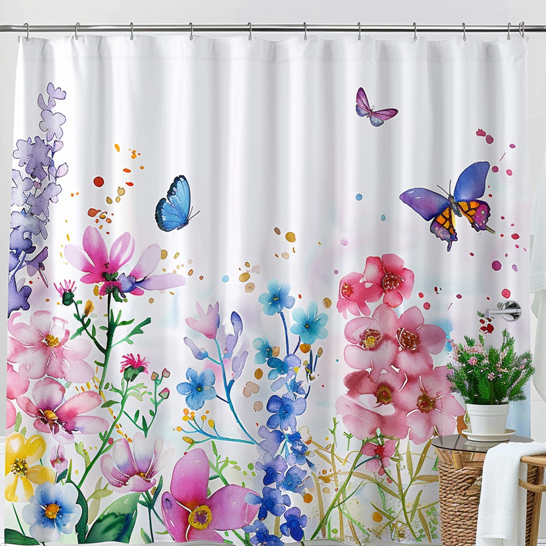 Enchanting Watercolor Floral and Butterfly Shower Curtain Vibrant Pastel Colors White Background ...