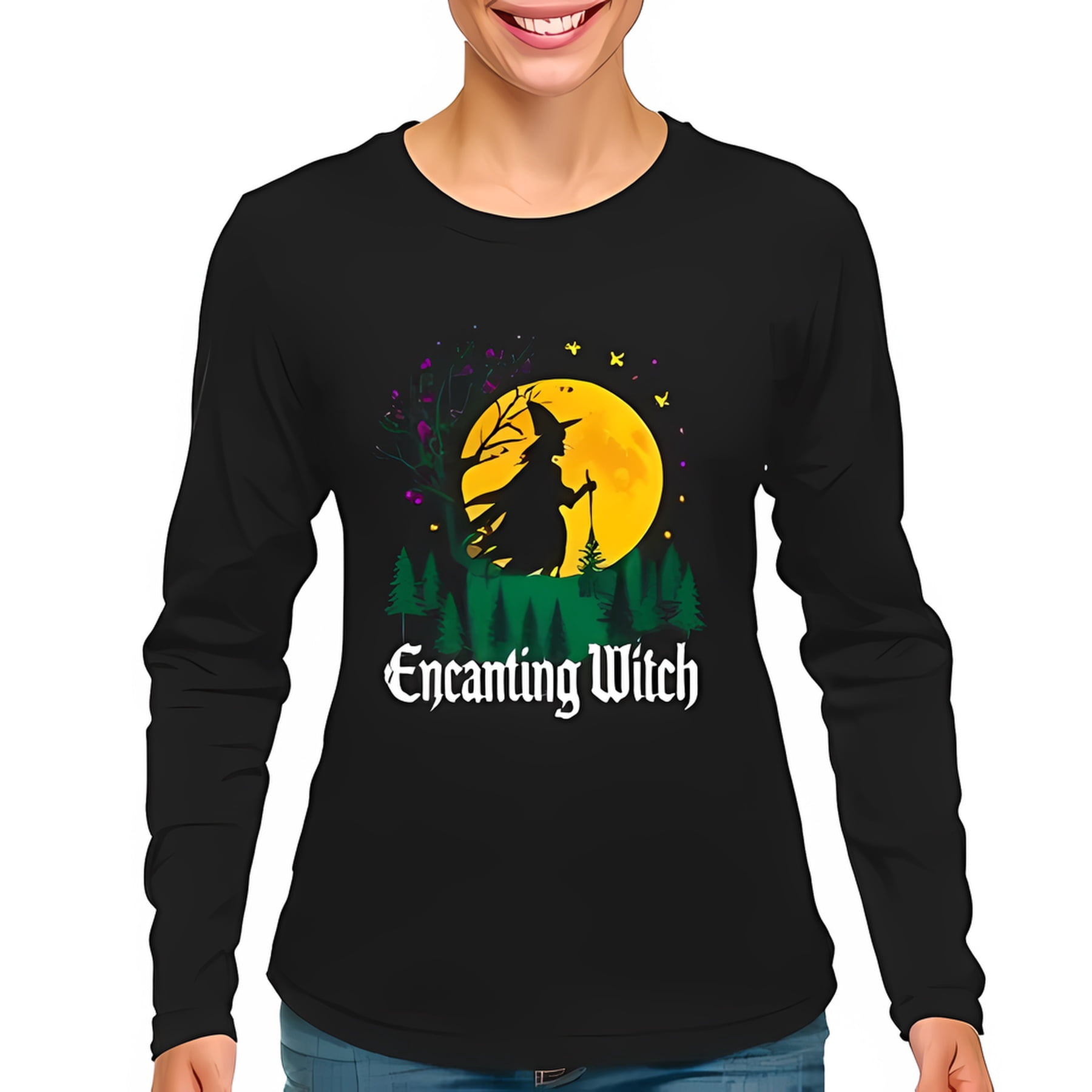 Enchanting Witch Long Sleeve T-Shirt - Graphic Design with Under Full ...