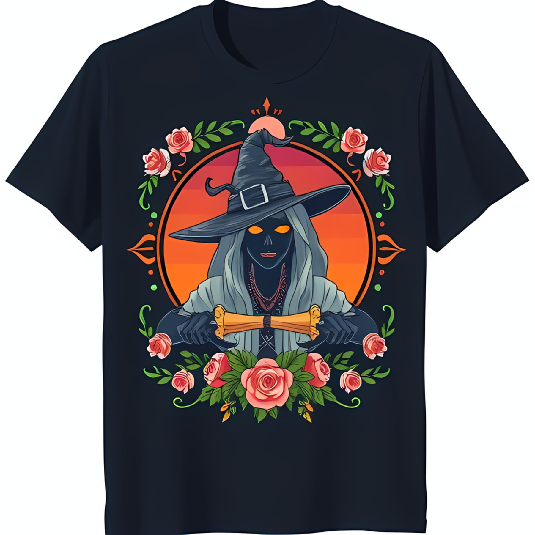 Enchanting Witch with Scroll Black T-Shirt Mystical Floral Design for ...