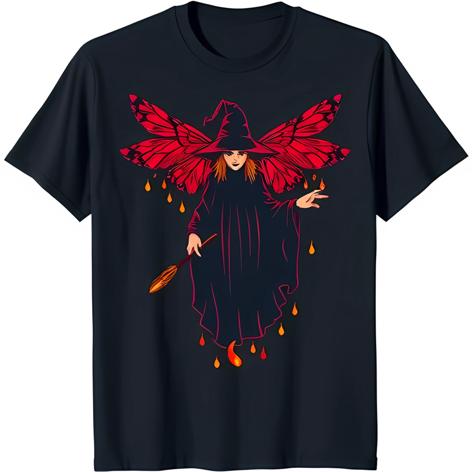 Enchanting Witch with Wings Graphic on Black T-Shirt Fiery Design ...