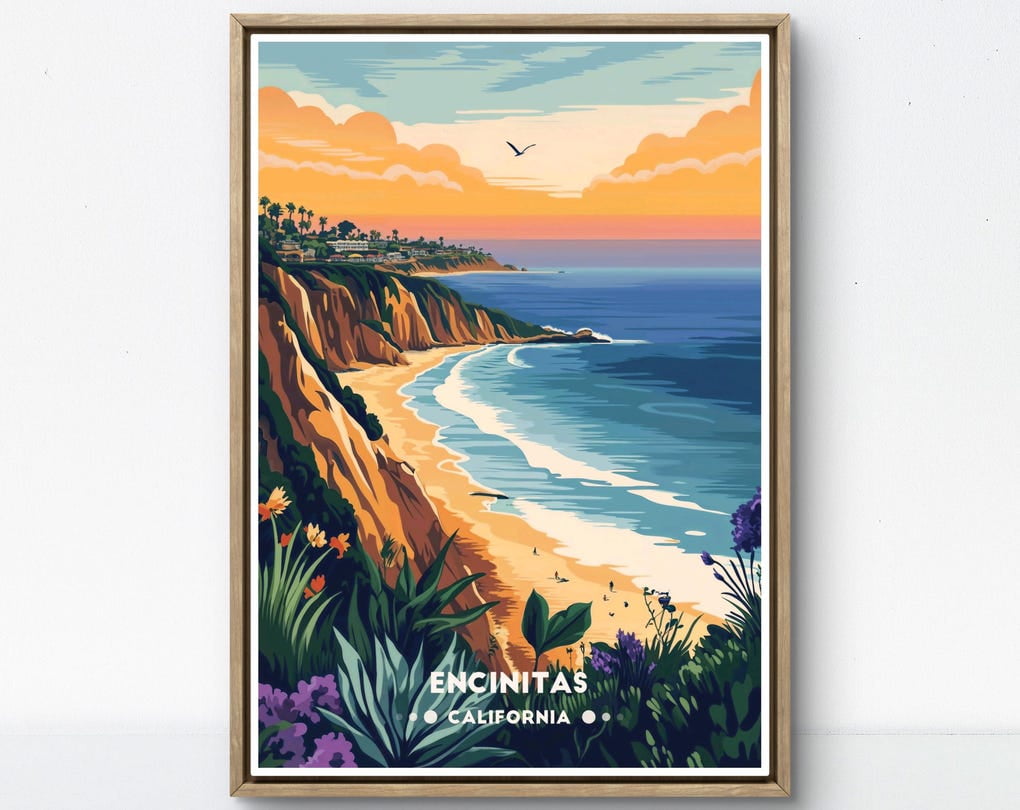 Encinitas Poster, California Coast Print, Retro Surf Beach Art ...