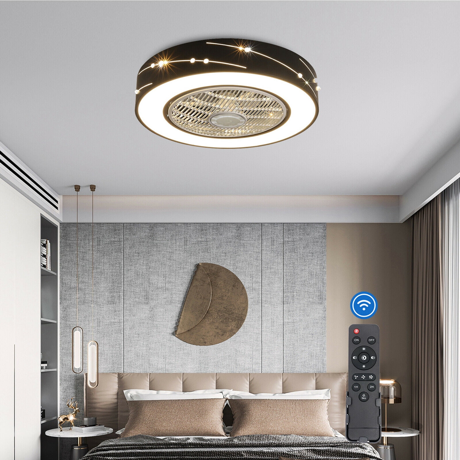 Enclosed 21.6'' LED Ceiling Fan Light with Remote Control, Caged Flush ...