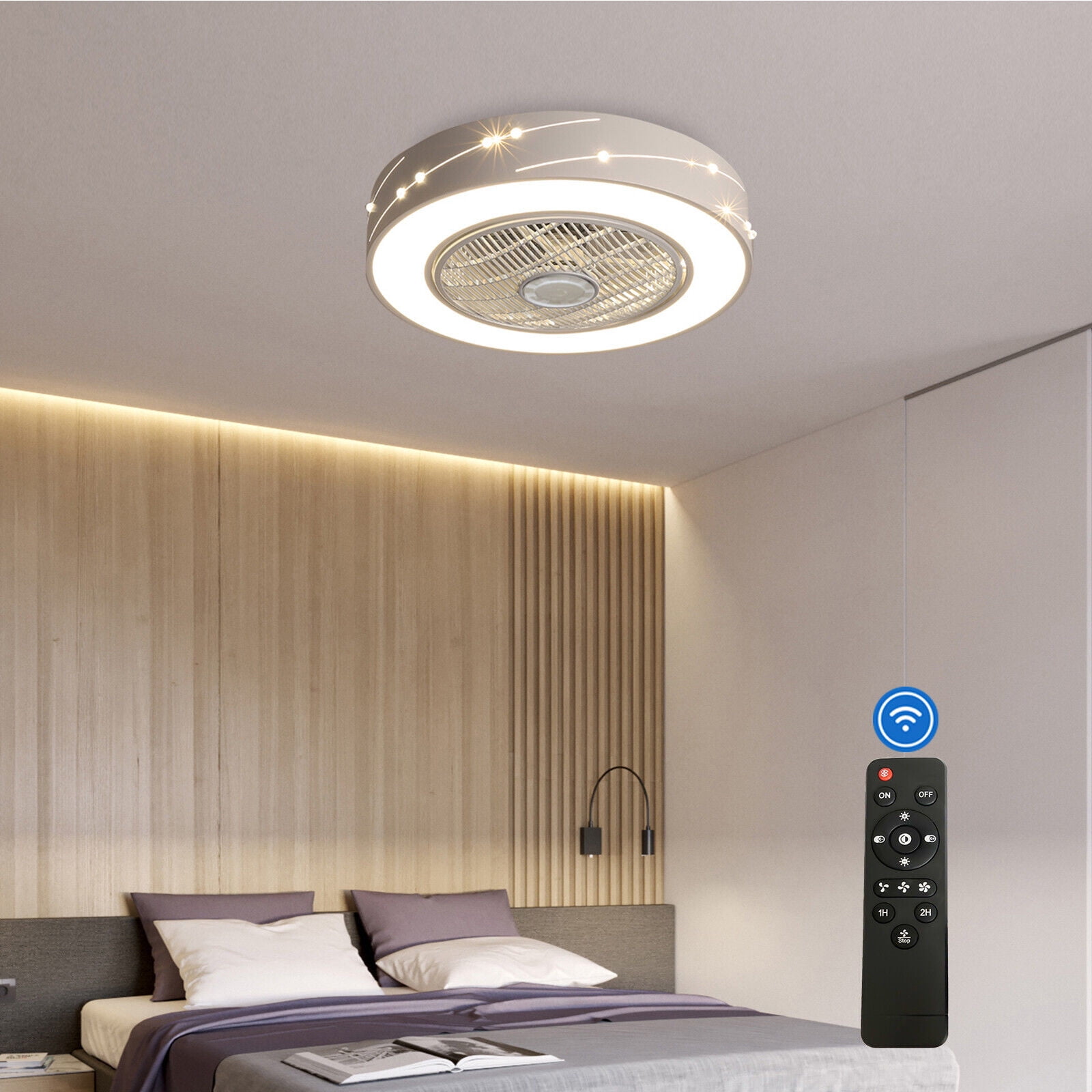 Enclosed 21.6'' LED Ceiling Fan Light with Remote Control, Caged Flush ...