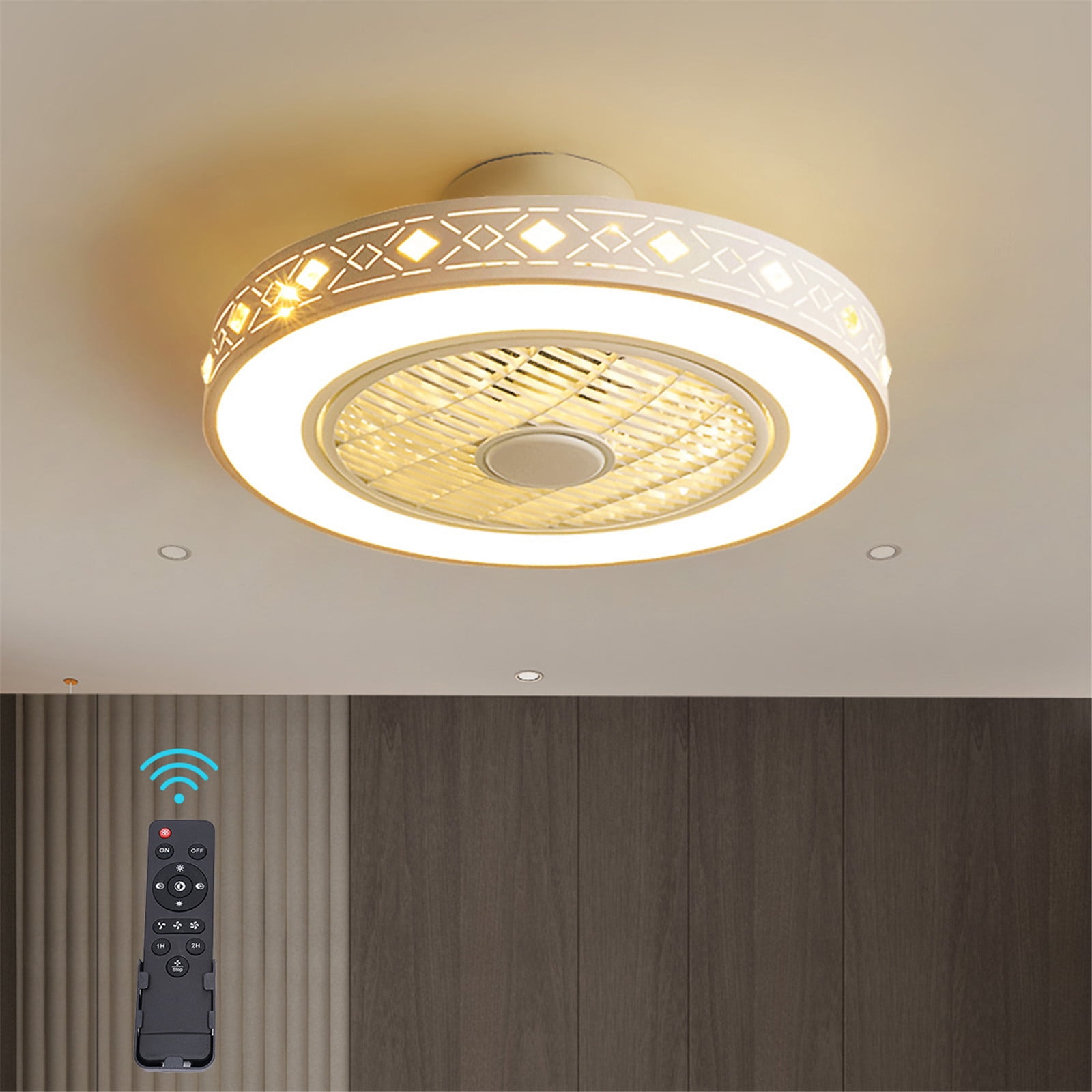 Enclosed Glam Diamond LED Ceiling Fan with Remote, Caged Flush Mount ...