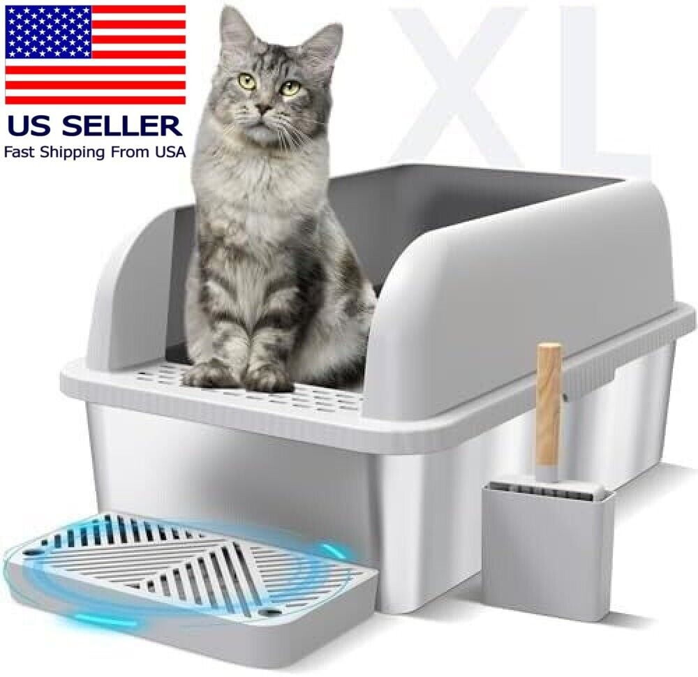 Enclosed Sides Stainless Steel Cat XL Litter Box Keep Litter In the Pan ...