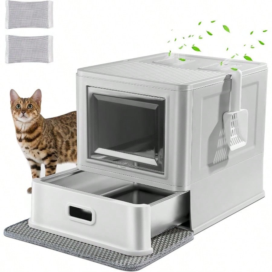 Enclosed Stainl Steel Cat Litter Box with Lid Drawe for Indoor All ...