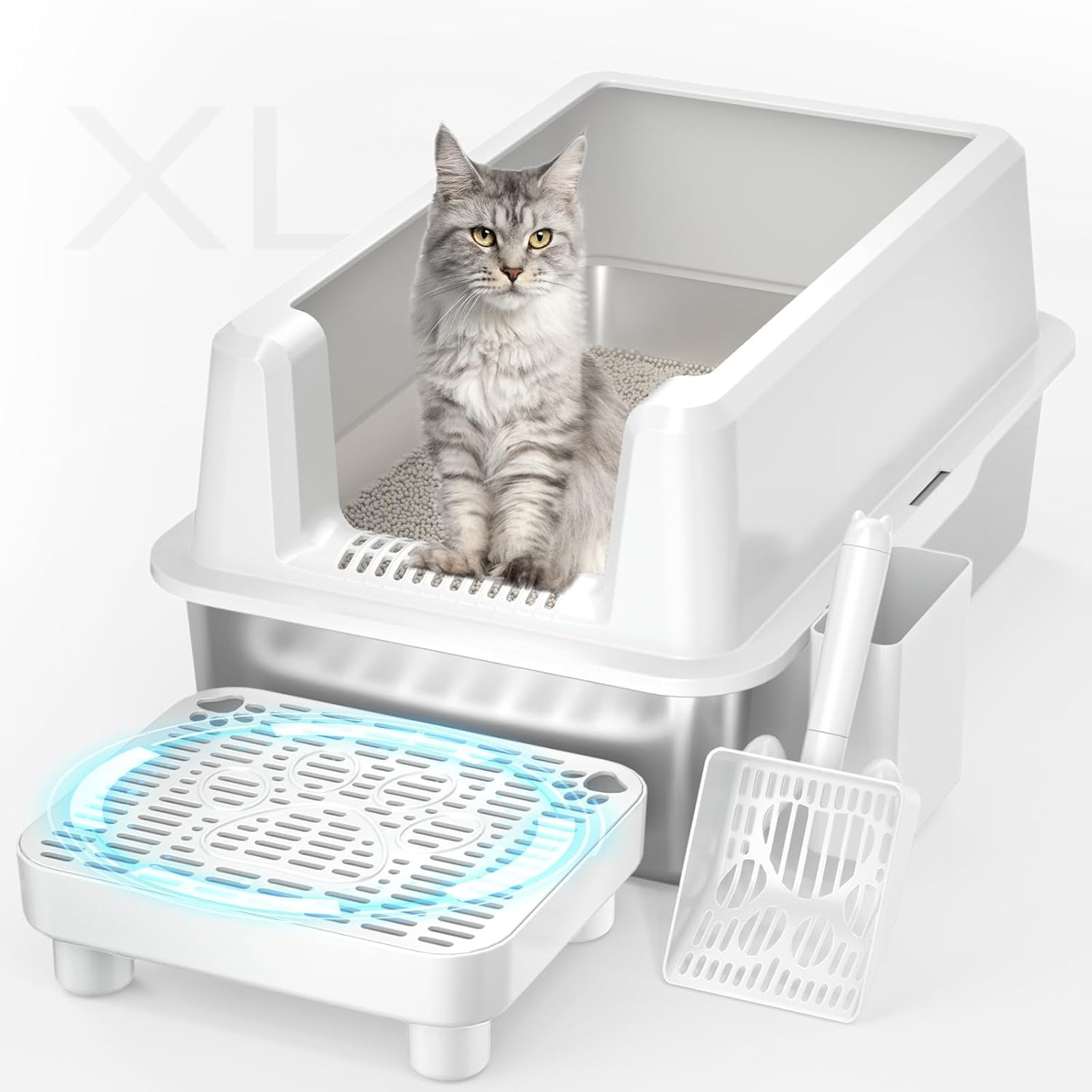 Enclosed Stainless Steel Cat Litter Box, Extra XL Large Litter Box with ...