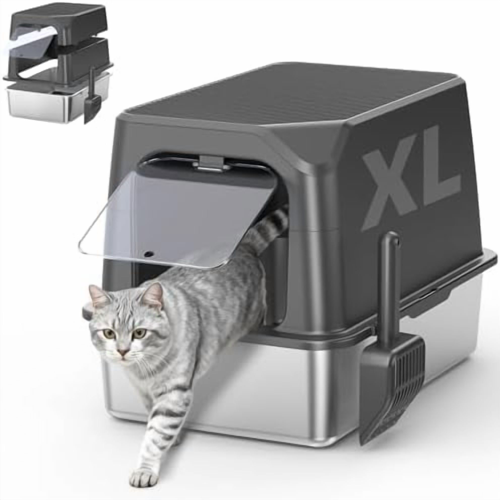 Enclosed Stainless Steel Cat Litter Box with Lid, XL Extra Large Litter ...