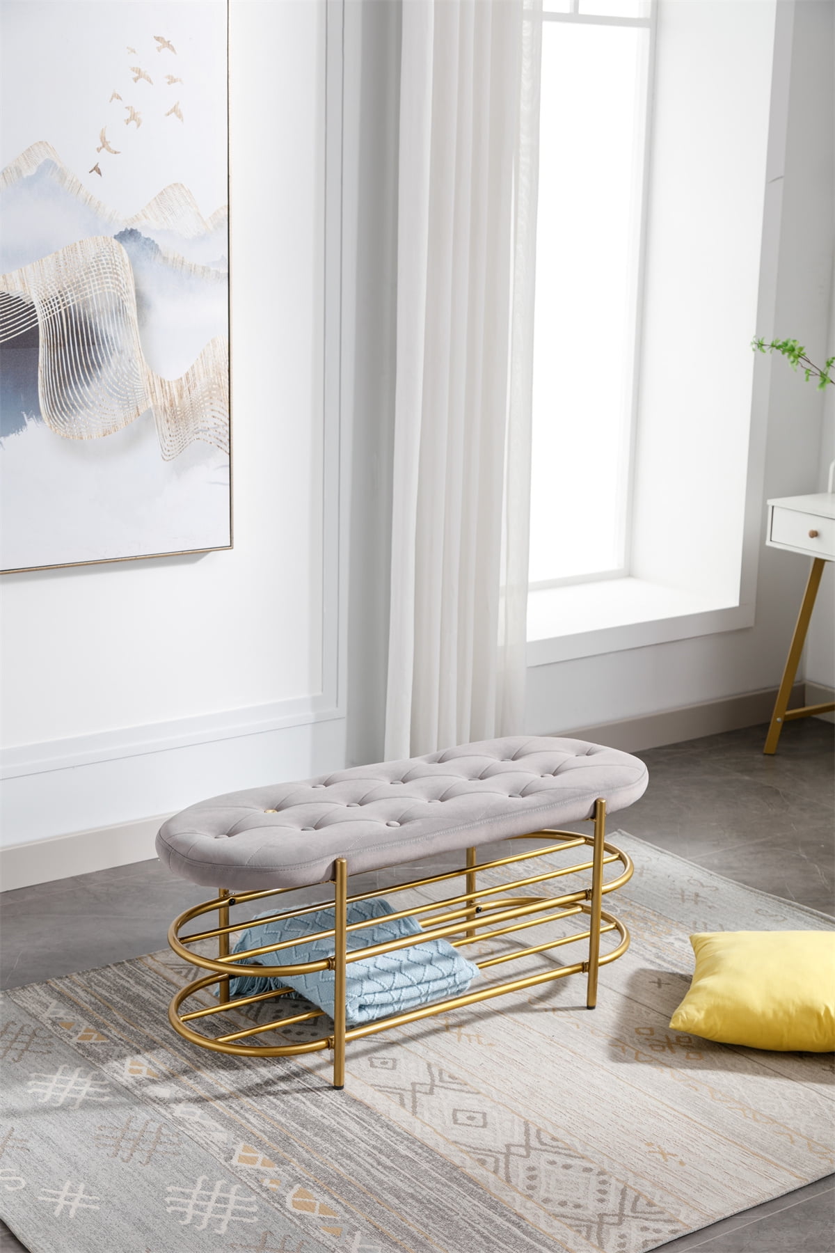 End of Bed Bench,Living Room Bench with 2-Tier Golden Shoe Shelves ...