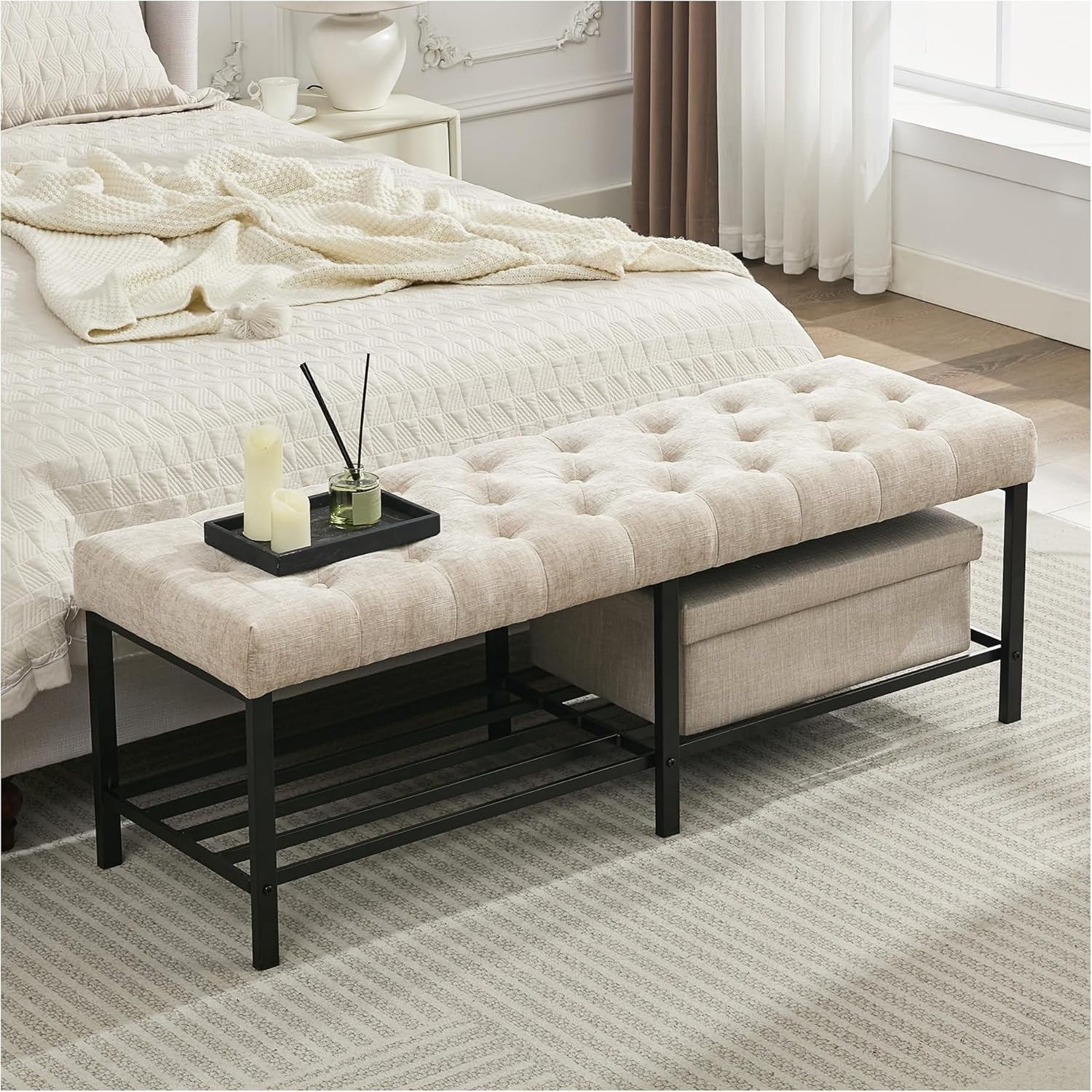 End of Bed Bench, Modern Chenille Button Tufted Bedroom Bench ...
