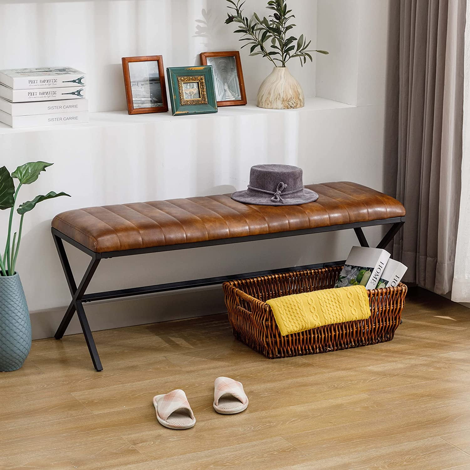 End of Bed Bench, Entryway Bench Faux Leather Upholstered Dining Bench ...