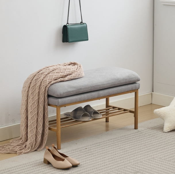 End of Bed Bench with Shelf, Linen Upholstered Storage Shoe Bench ...