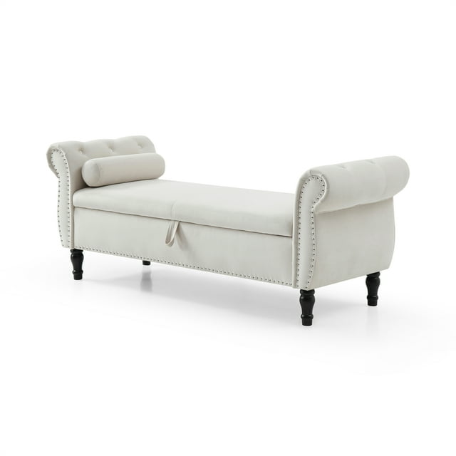 End of Bed Bench with Upholstered Seat & Pillow, Velvet Rectangular ...
