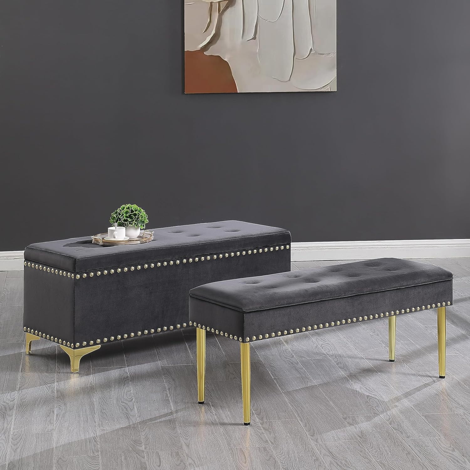 End of Bed Storage Benches Set, 48 Inch Tufted Velvet Bedroom Ottoman ...