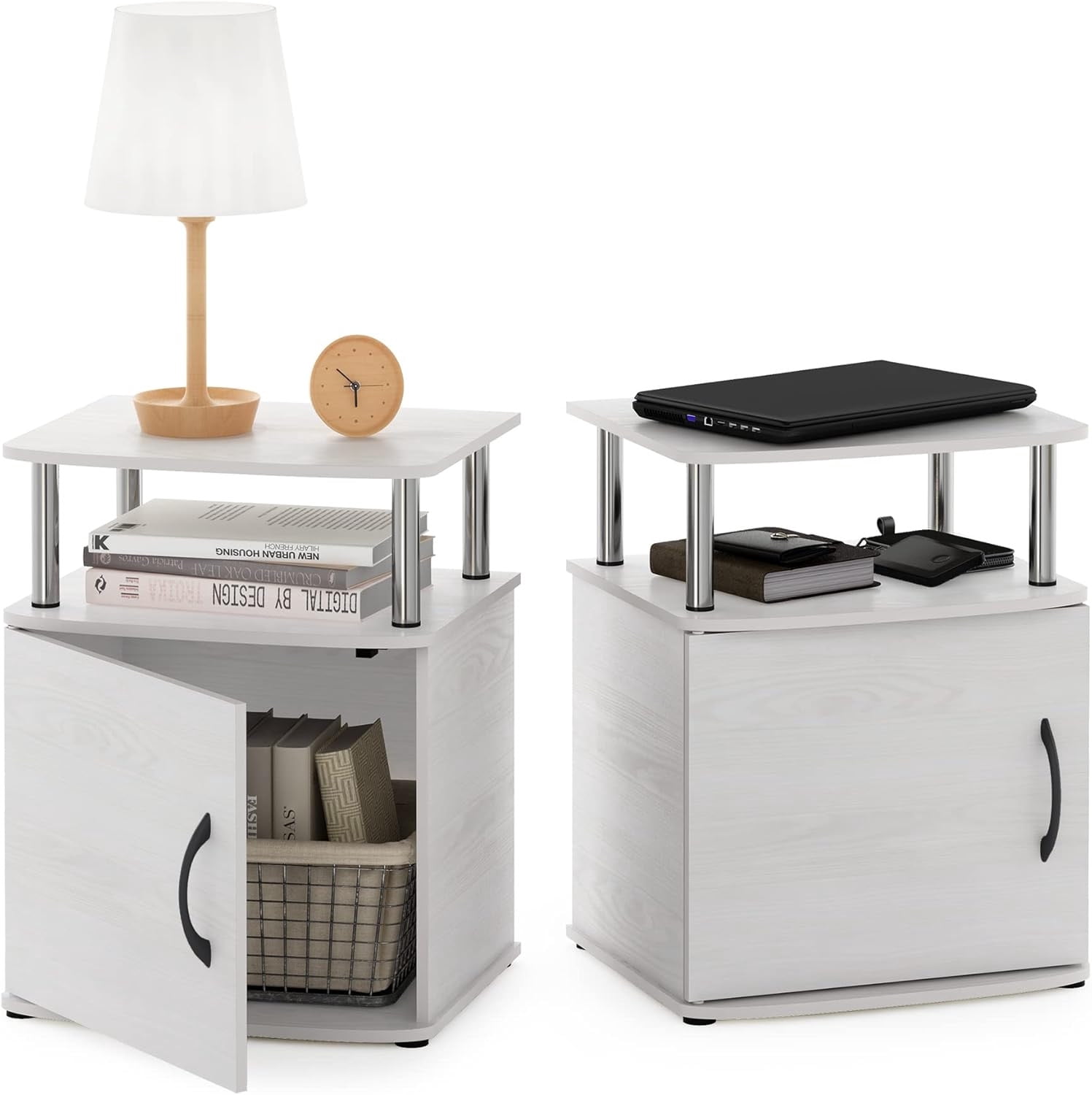 End Side Sofa Table/Nightstand with Door, 2-Pack, White Oak/Stainless ...