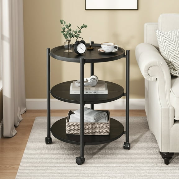 2-Tier Side Table, Round End Table with Storage Shelf, Rustic Wood and ...