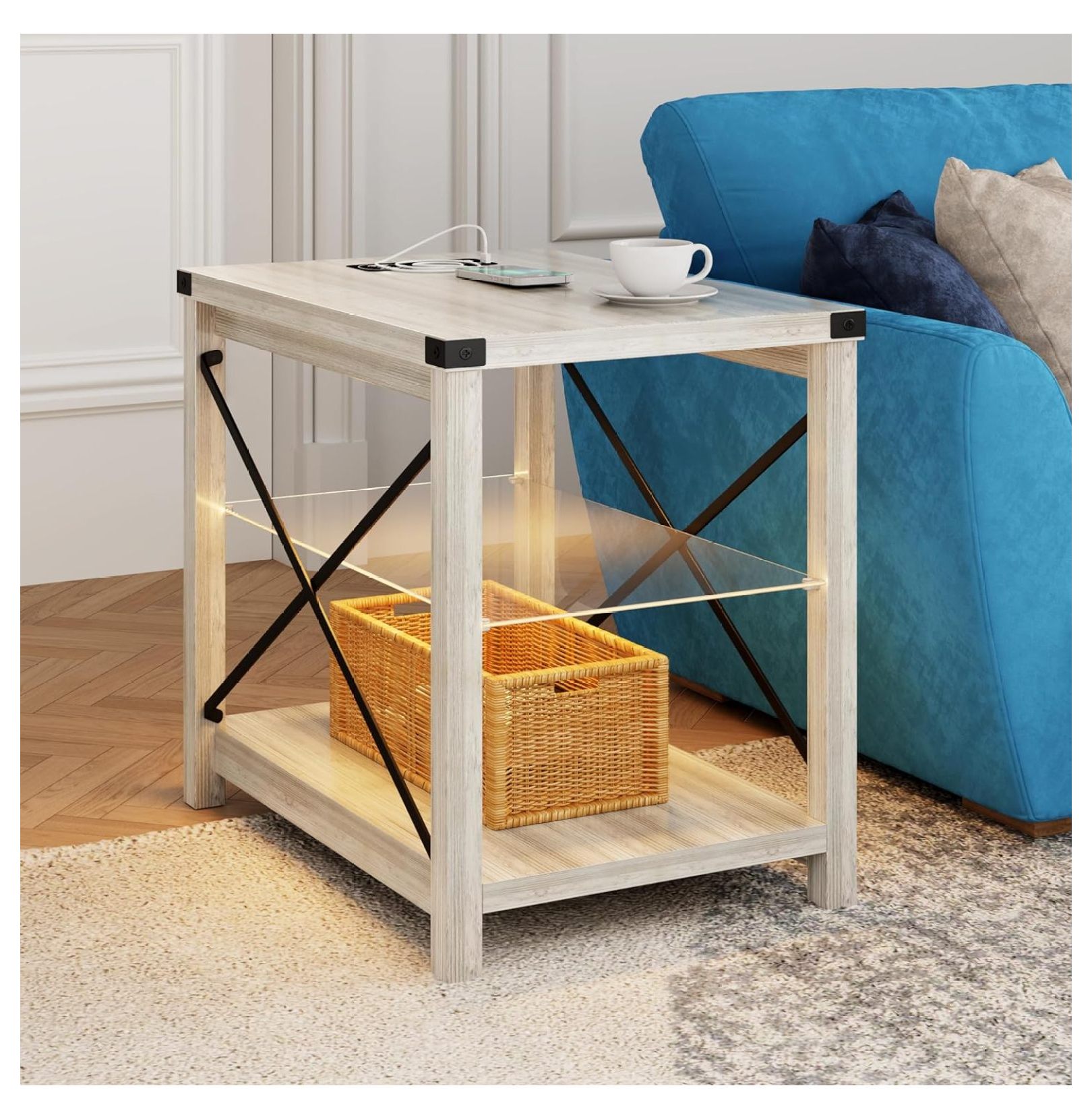 End Side Table with LED Lights: Small Bed Side Table with Charging ...