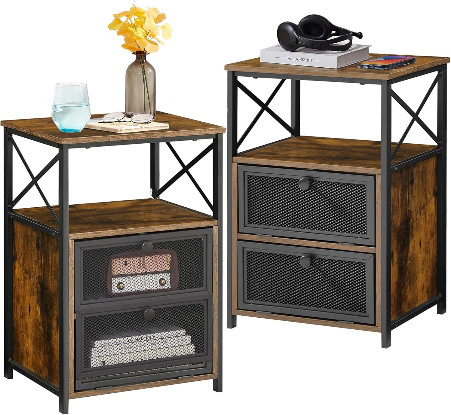 End Side Table, Modern Night Stand with Storage Space and Door, Set of ...