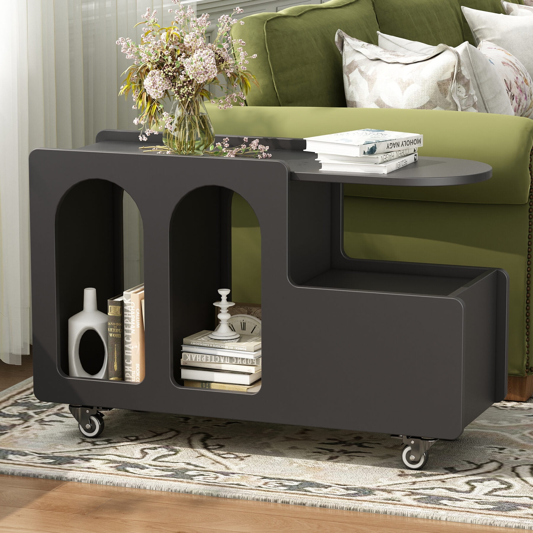 End Side Table, Narrow Nightstand with Lockable Wheels and Multi-layer ...