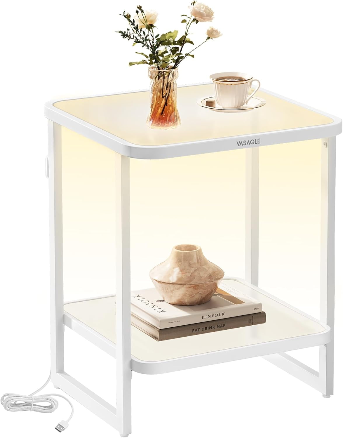End Table, 2-Tier Side Table with LED Lights, Modern Nightstand, Square ...