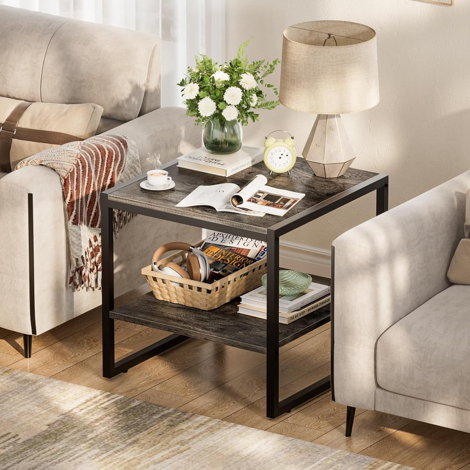 End Table, 20 Inch Square End Table, Mini Fridge Stand with 2-Tier ...