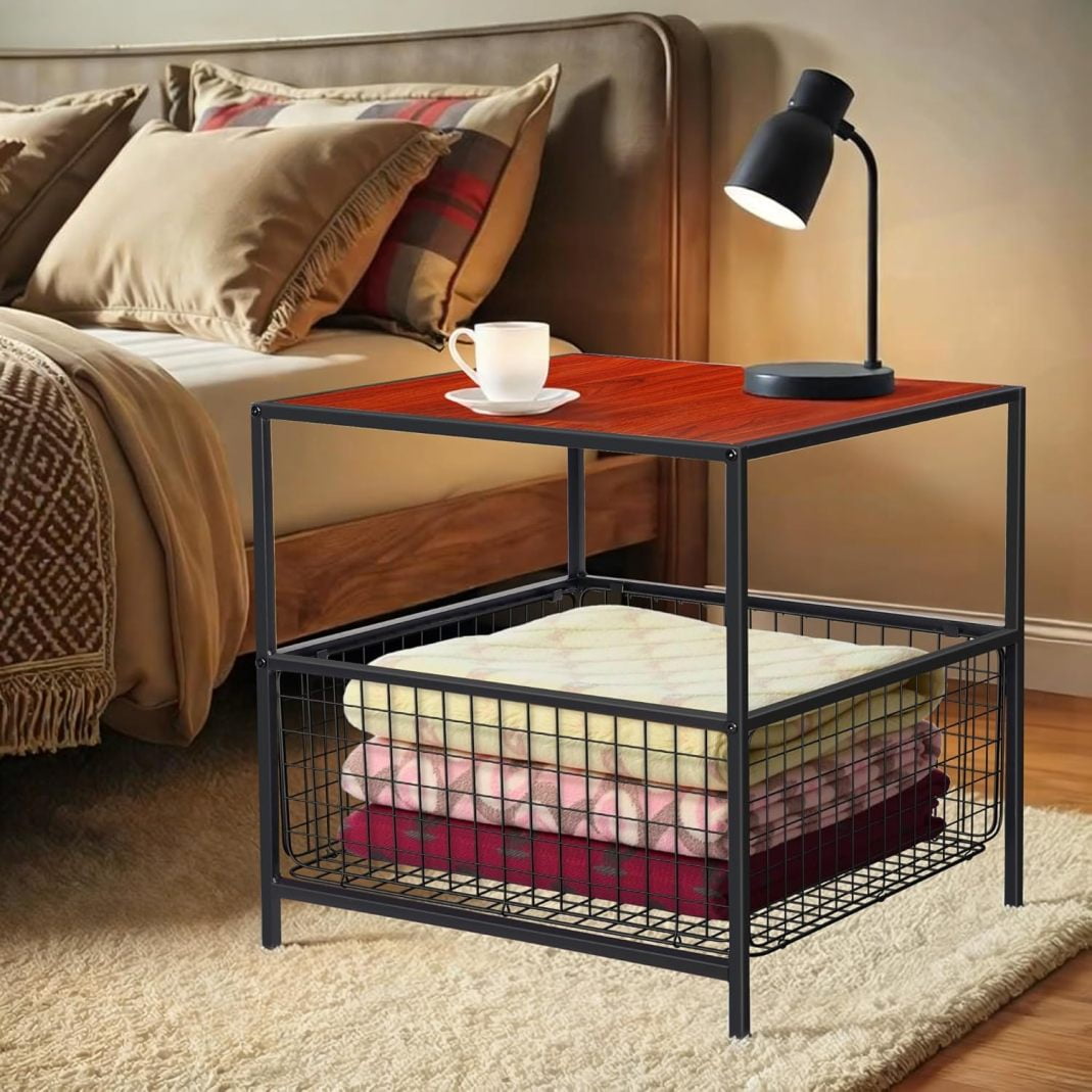 End Table, 20 Inch Square Side Table w/Mesh Storage Basket, 2-Tier ...