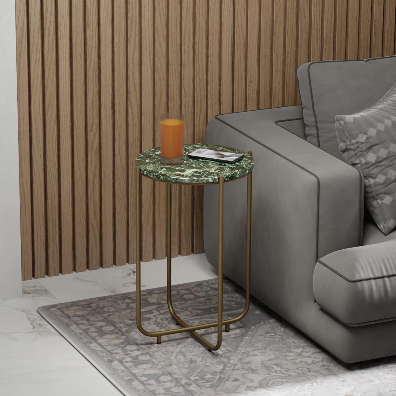 End Table – 24" Tall Round Side Table with Real Green Marble Top & Gold ...