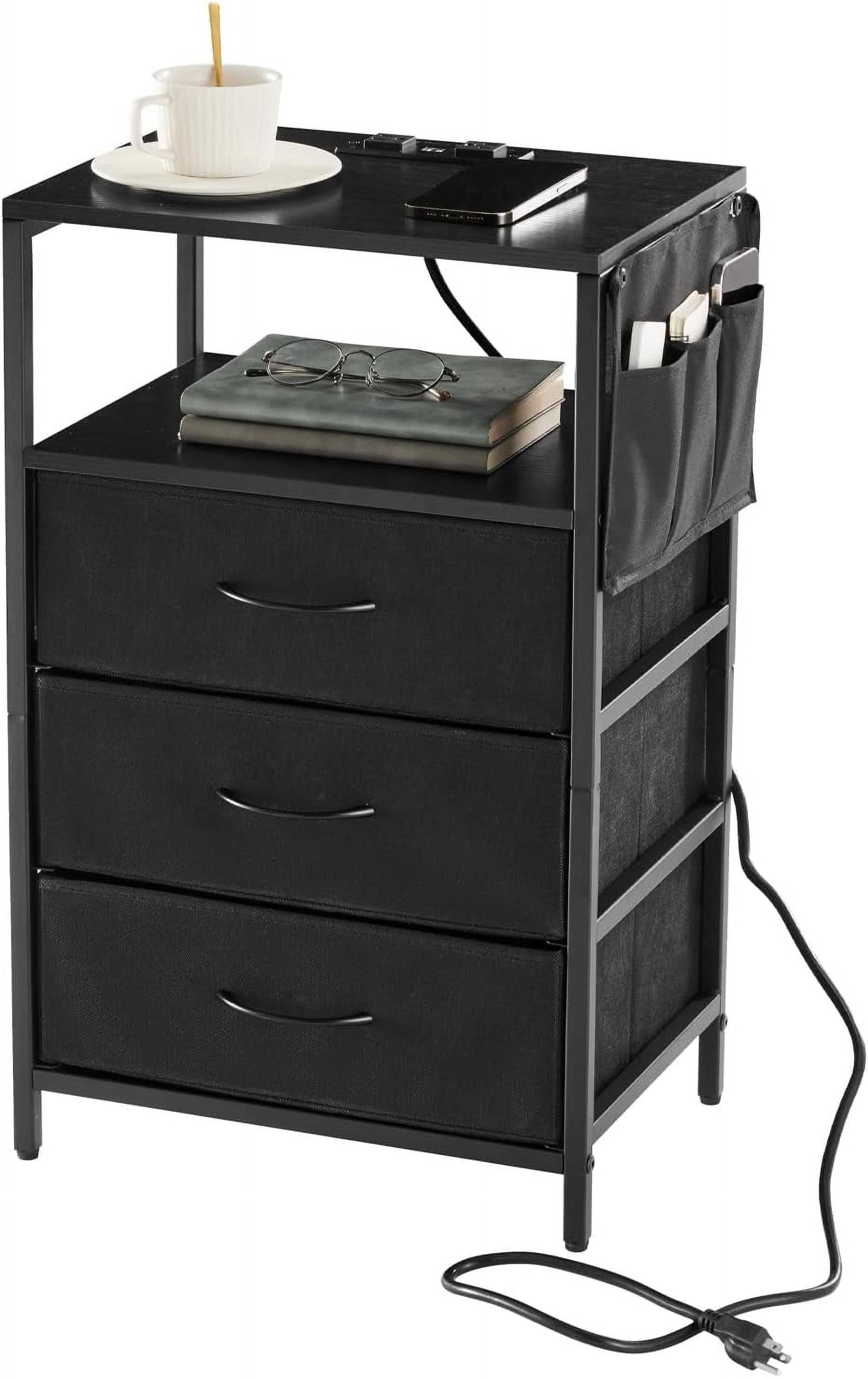 End Table with 3 Drawers Side Storage Pockets Nightstand with Charging ...