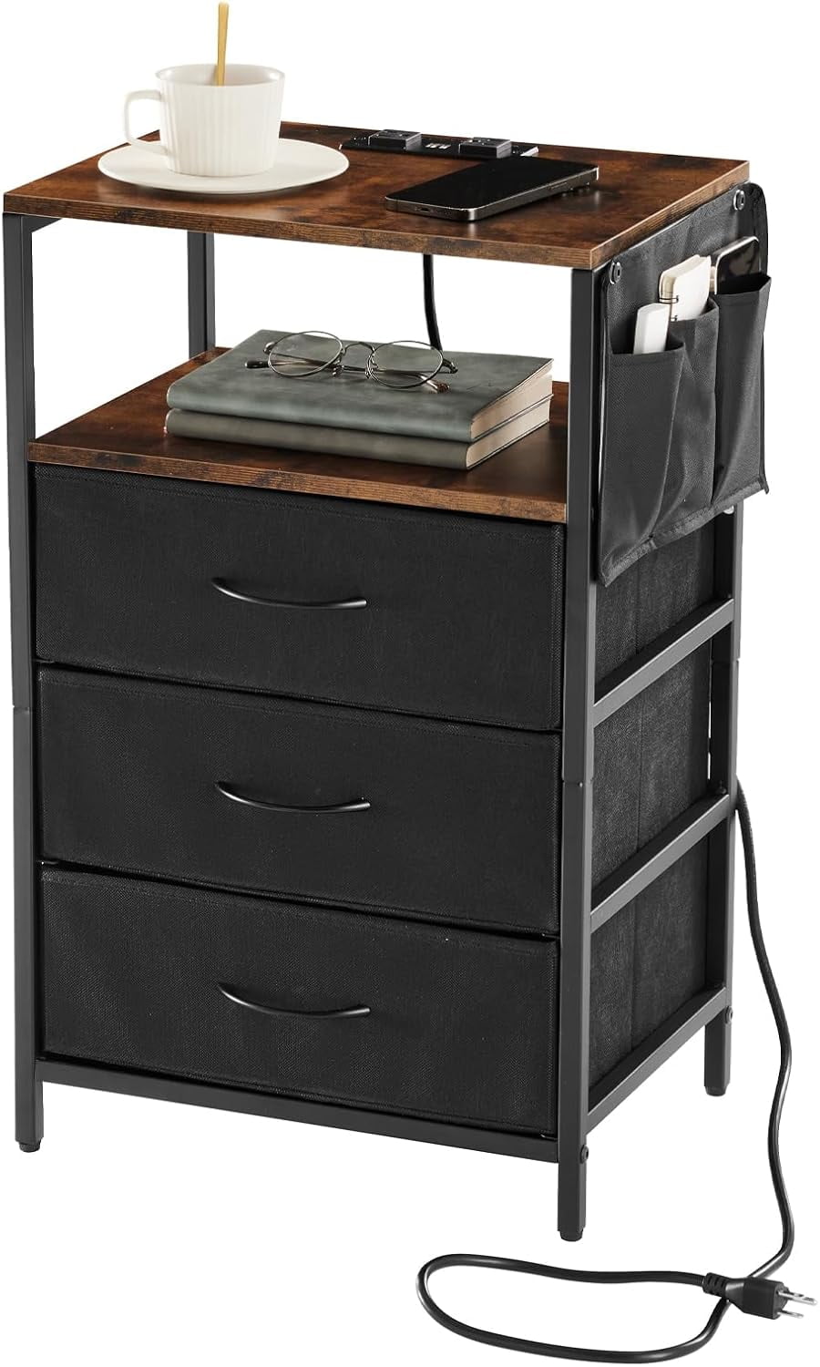 End Table with 3 Drawers Side Storage Pockets Nightstand with Charging ...