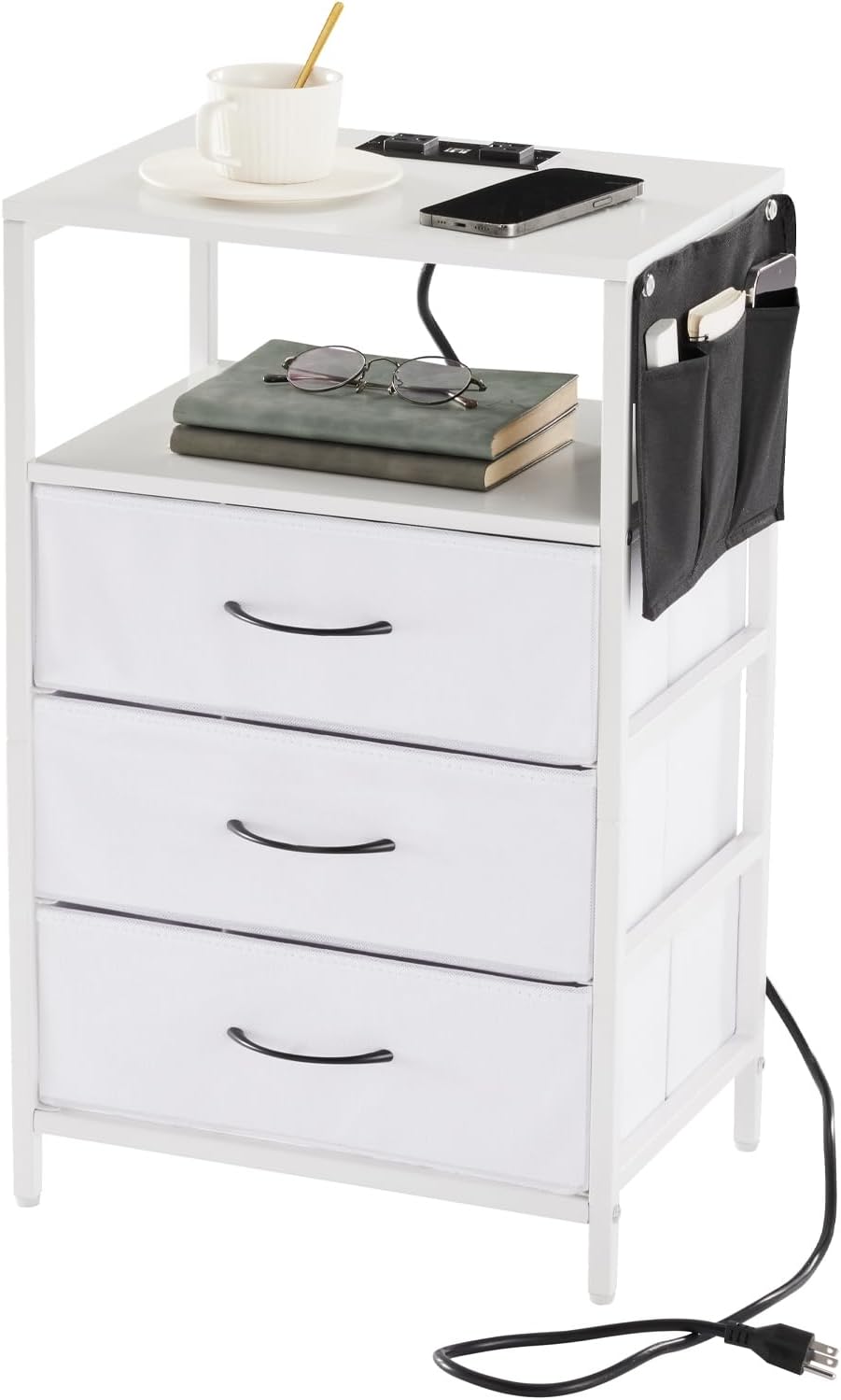 End Table with 3 Drawers Side Storage Pockets Nightstand with Charging ...