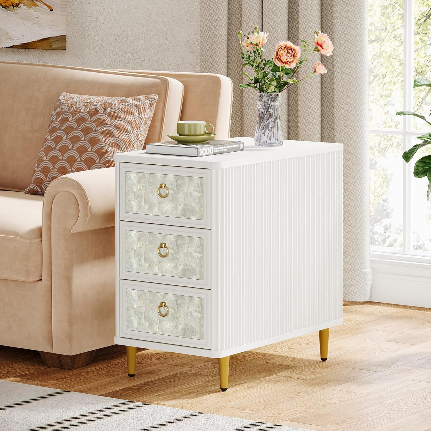 End Table with 3 Drawers, White Narrow Side Table for Living Room with ...