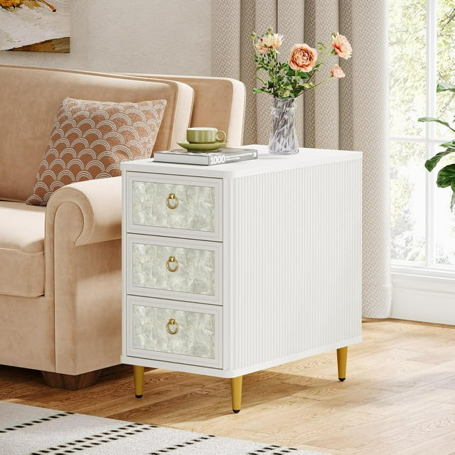 End Table with 3 Drawers, White Narrow Side Table for Living Room with ...
