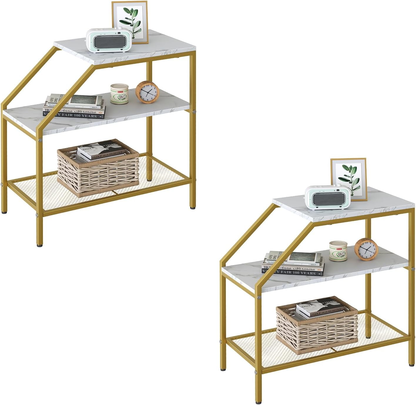 End Table 3 Tiers 2pcs White Marble Wood Nightstand with Storage Ladder ...