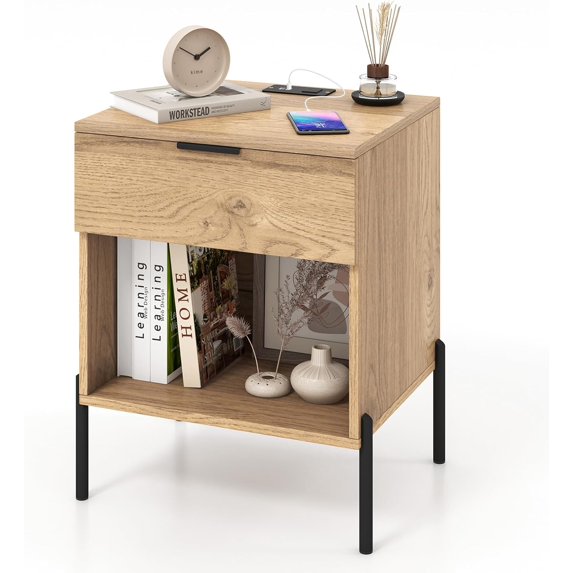 End Table Bedside Table with AC Outlet, 2 USB Ports, Modern Side Table ...