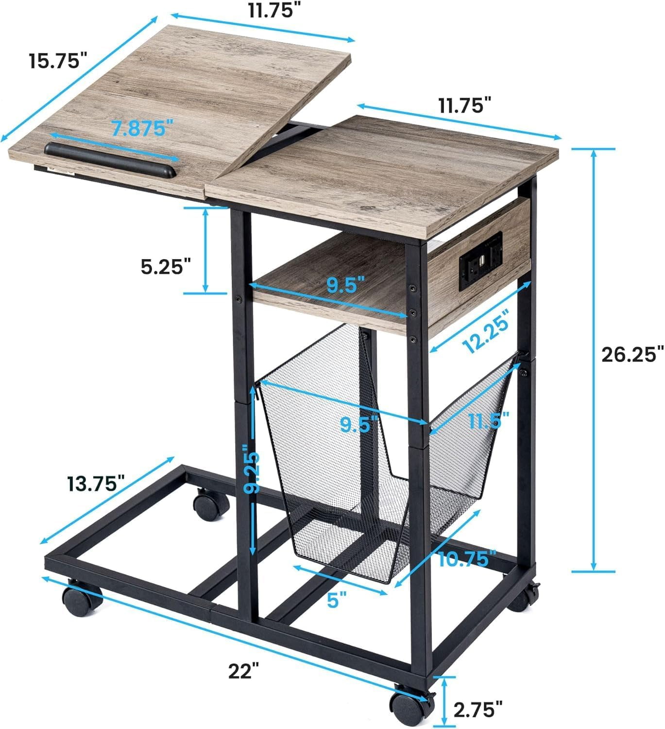 End Table C Shape with Charge Station, Tilting Top Side Table with ...