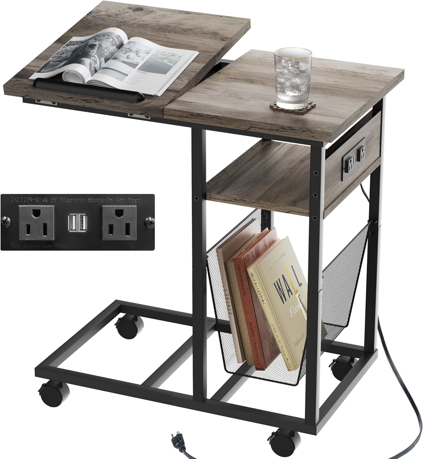 End Table C Shape with Charge Station, Tilting Top Side Table with ...